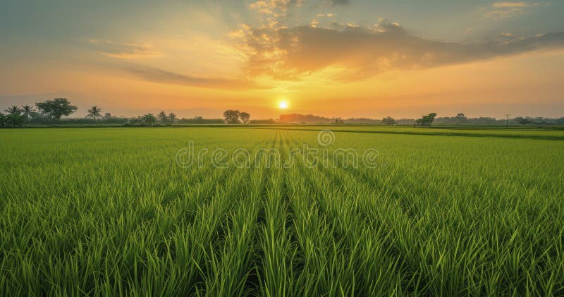 The Enchanting Warmth of Sunrise Bathing the Agricultural Rice Fields ...