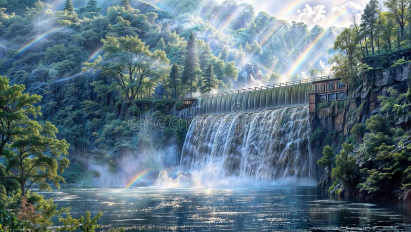 Enchanting Waterfall Over Dam with Rainbows and Sunlit Forest ...