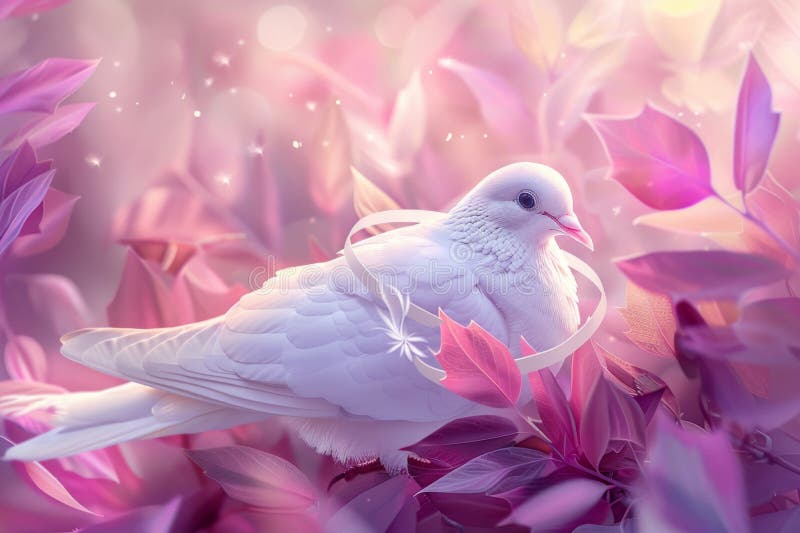 Enchanting White Dove in a Magical Purple Forest Illuminated by Soft ...