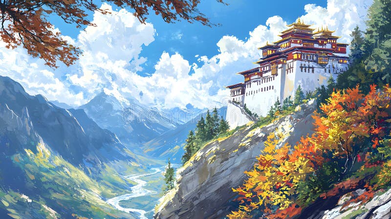 Majestic Mountaintop Monastery Autumnal Landscape Bhutanese ...