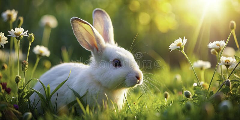 Enchanting White Rabbit Exploring a Lush Spring Meadow a CloseUp ...