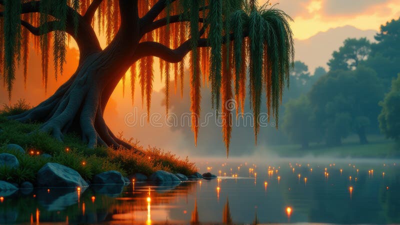 Enchanting Willow Tree at Sunset by the Lake Stock Illustration ...