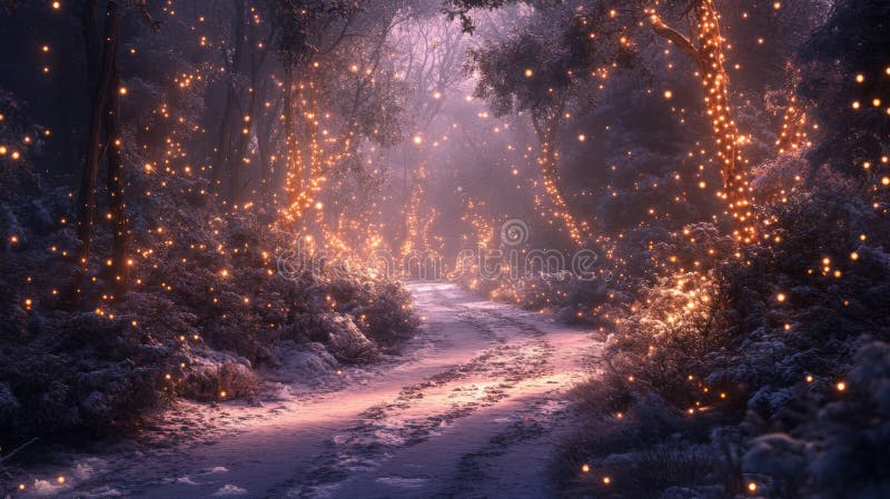 Enchanting Winter Wonderland with Snow Covered Hills, Red Berries, and White Rabbit Under a ...