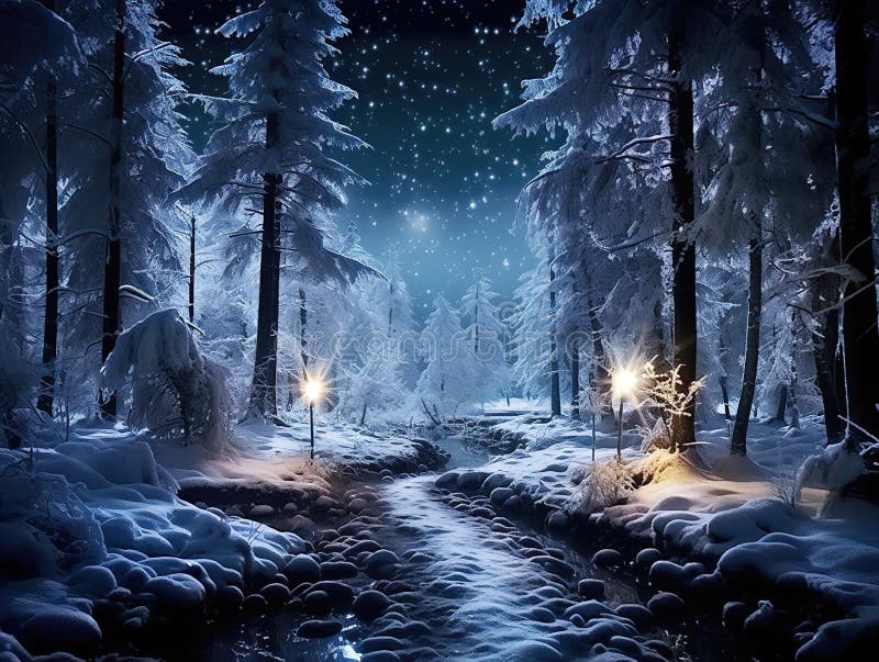 Enchanting Winter Wonderland: Snow-Covered Landscape with Twinkling Lights and a Grand Country ...