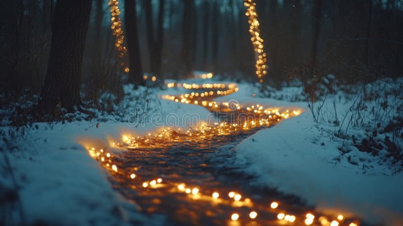 Enchanting Winter Path Lit by Fairy Lights Stock Illustration ...