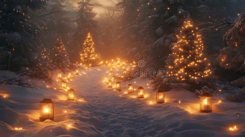 Enchanting Winter Path Lit Lanterns Trees Stock Photos - Free & Royalty ...