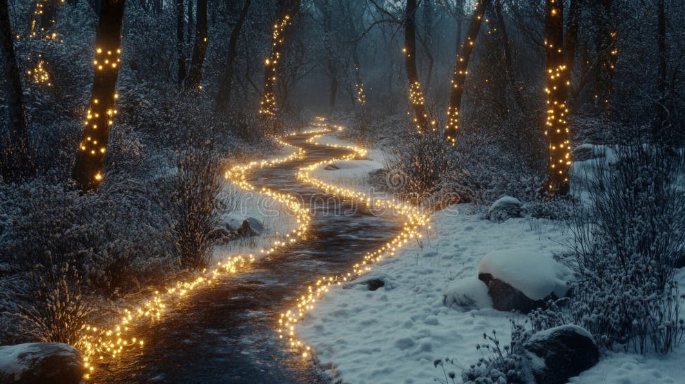 Enchanting Winter Pathway Lights Forest Scene Stock Illustration ...