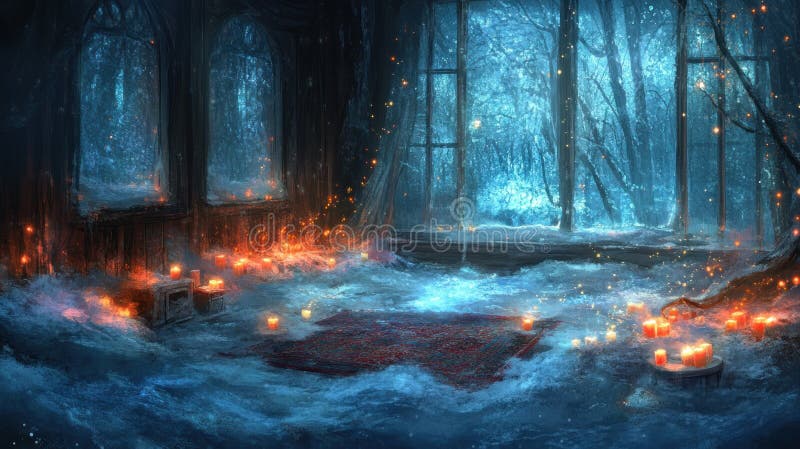 Enchanting Winter Scene Inside a Snow-covered Cabin with Candles and a ...