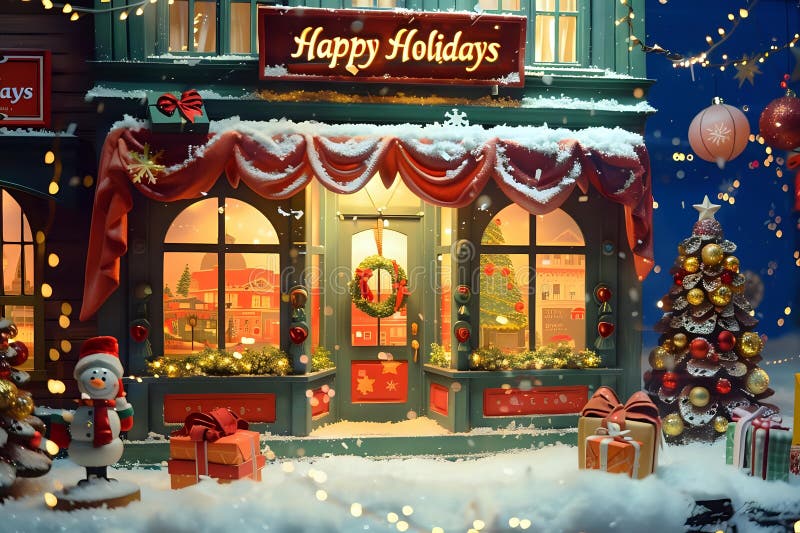 Enchanting Winter Shop Window Display: Festive Decorations, Presents ... Enchanting Winter Shop Window Display: Festive Decorations, Presents ...