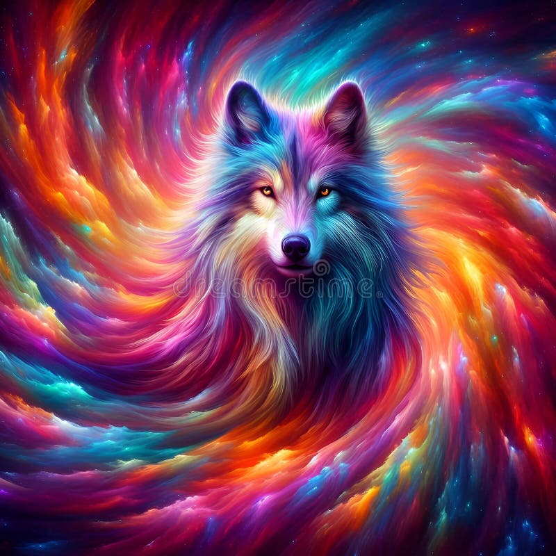 Enchanting Wolf in a Swirl of Cosmic Colors Stock Illustration ...