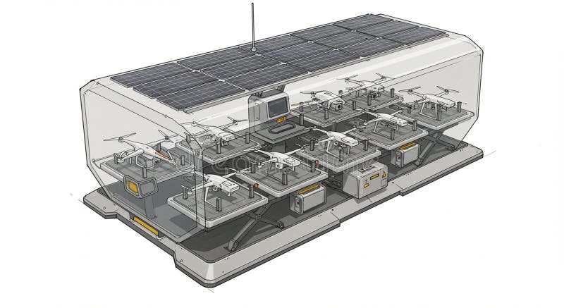 Enclosed Drone Charging Station Featuring Multiple Quadcopter Drones ...