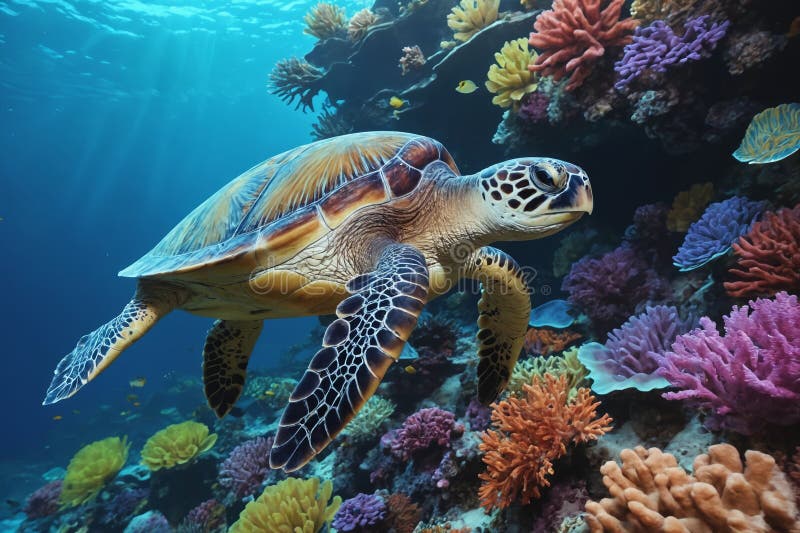 Encounter With The Deep Blue Capturing A Majestic Sea Turtle Stock