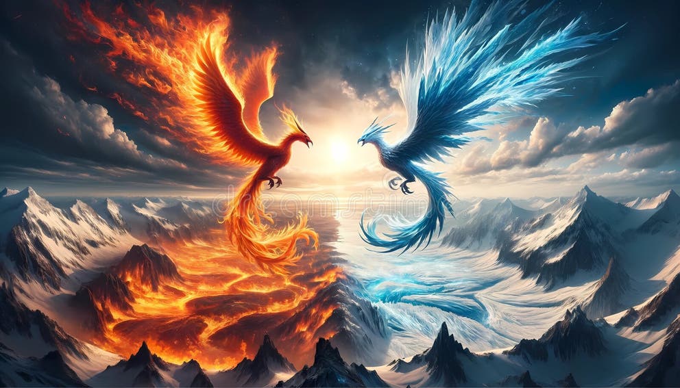 Encounter between a Fire and Ice Phoenix, Both with Their Own Landscape ...