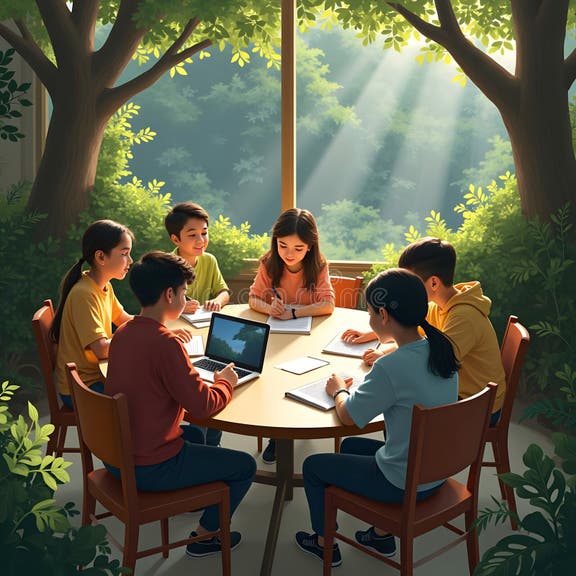 Encountering Serenity: Students Unity in a Virtual Nature-Inspired Classroom Stock Illustration ...