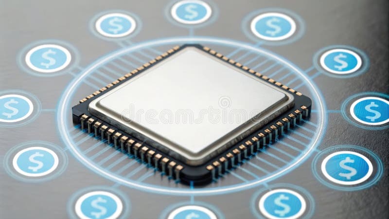 Encrypted Chip with Cpu Surrounded by Circle of Blue and White Symbols ...
