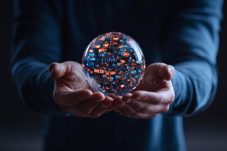 Encrypted Codes on a Globe Held by Hands, Showcasing Global Solutions ...