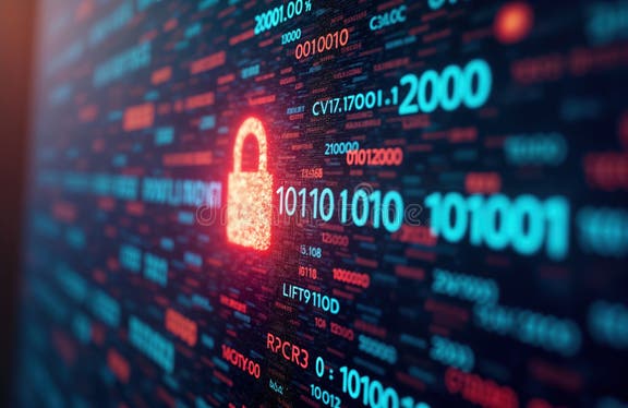 Encrypted Cybersecurity Source Code Displayed on Screen. Binary Code ...