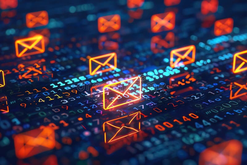 Encrypted Email Concept Glowing Icons among Streams of Binary Cyber ...
