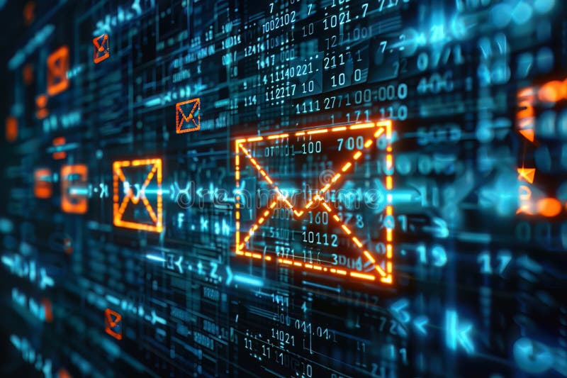 Encrypted Email Concept Glowing Icons among Streams of Binary Cyber ...