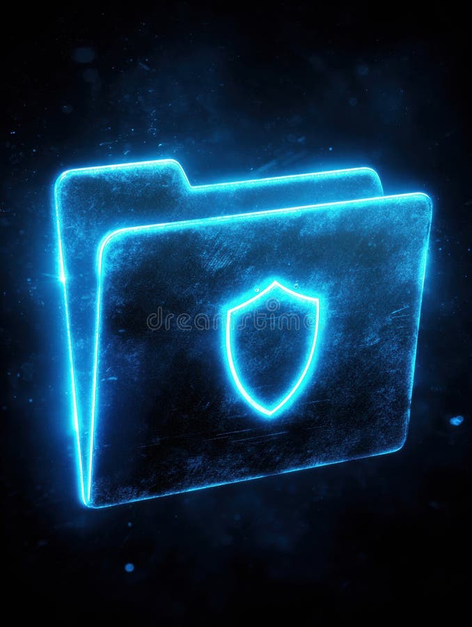 Encrypted Folder Icon with Glowing Shield Symbol in Dark Cyberspace ...