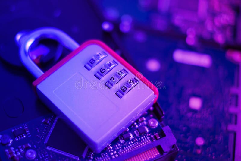 Encrypted Hard Disk. Padlock with Cipher on an Opened Hard Disk. Data ...