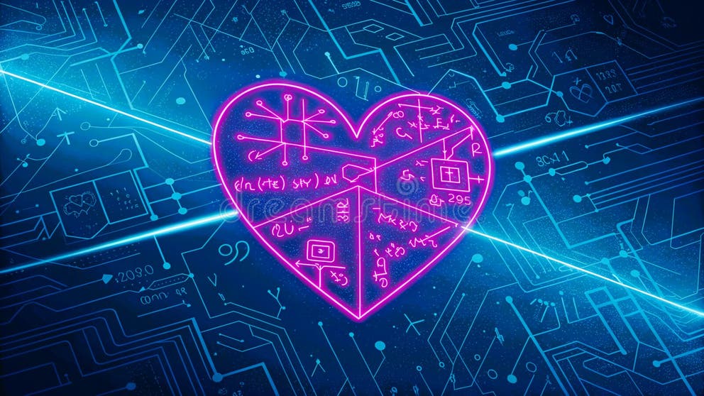 Encrypted Love, Heart Blueprint with Digital Binary Data Lines ...