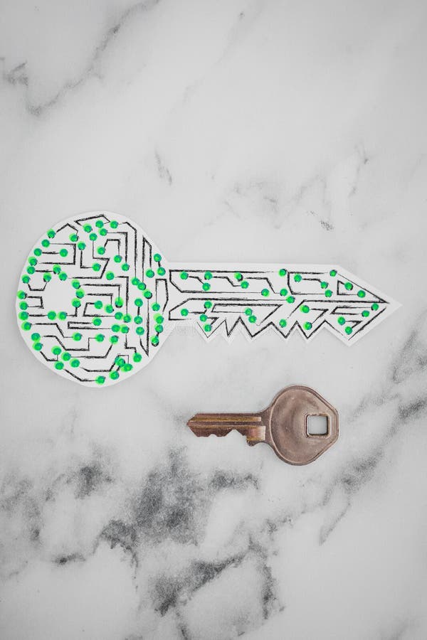 Encryption Key Icon Made of Circuits and LED Lights Next To Old Metal ...