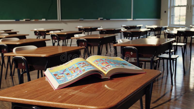 Encyclopedia Open on a Desk in an Empty Classroom Stock Video - Video ...
