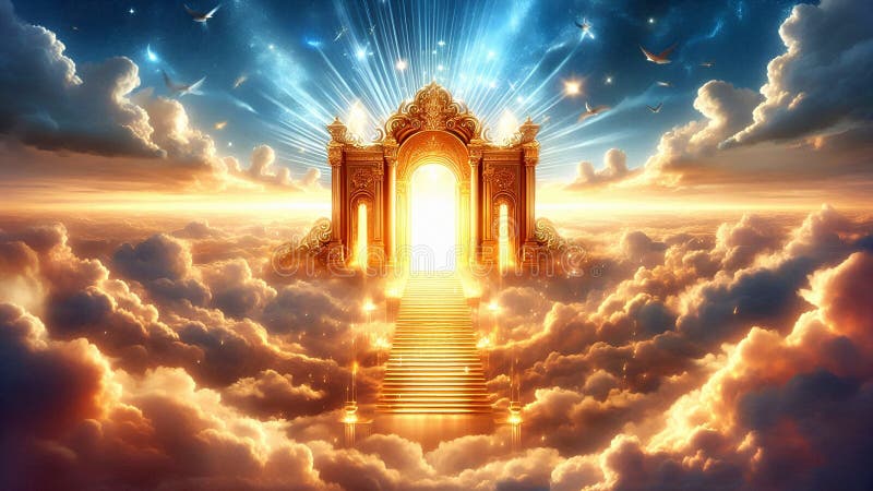 Golden Gates and Glowing Steps in Serene Heavenly Landscape Stock Image ...