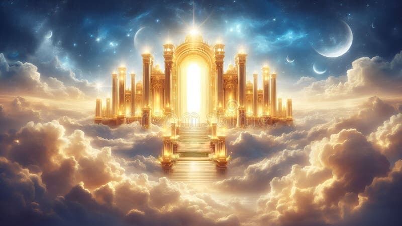Golden Gates and Glowing Steps in Serene Heavenly Landscape Stock Image ...