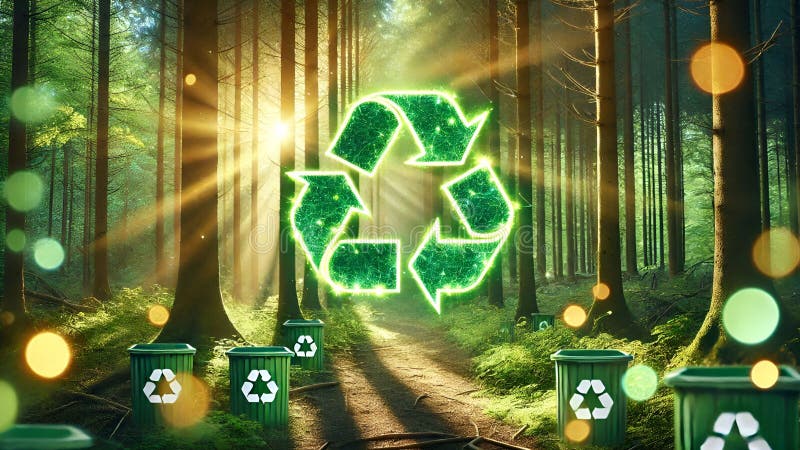 Green Recycling Symbol with Sunlight through Forest Trees Stock Image ...