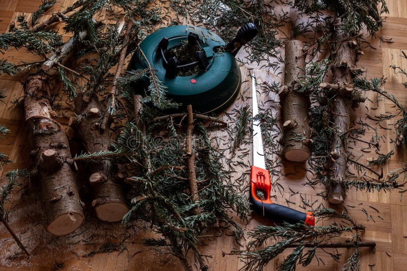 End of Christmas Fir Tree Cut into Pieces Stock Image - Image of ...