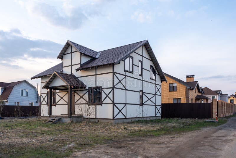 End of Construction. the House is Built on a Plot Surrounded by Other ...