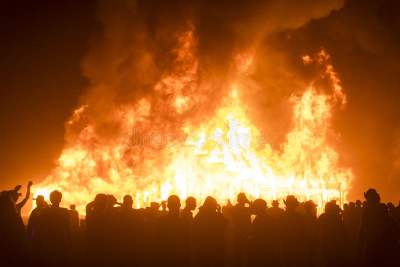 Giant Bonfire in Front of a Large Crowd of People Stock Image - Image ...