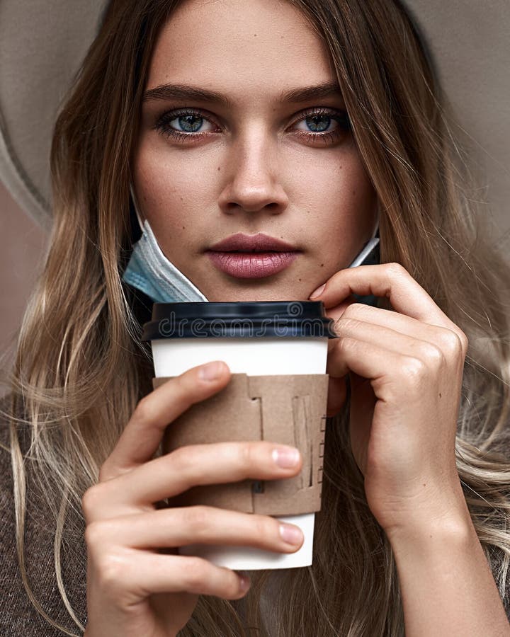 End of the Quarantine Lockdown. Vaccinated Girl Drinking Coffee while ...