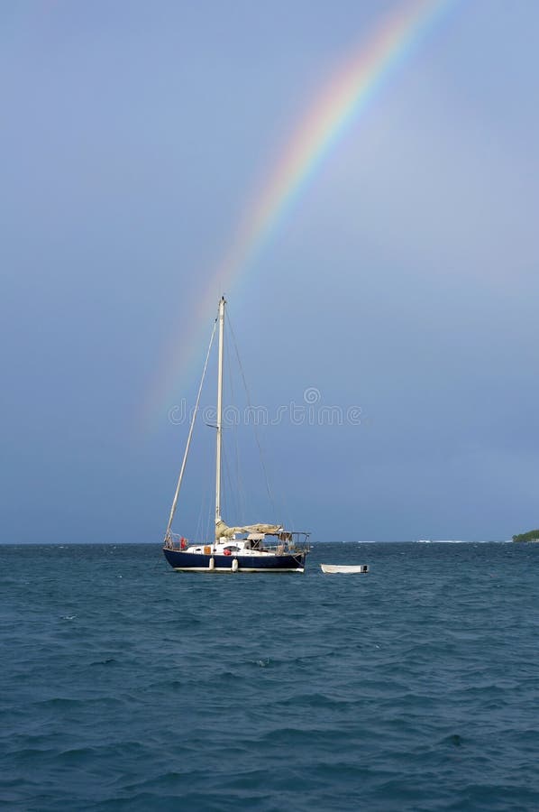 Sailboat Rainbow.Sailboat Sail Off into the Sunset on Lake. Stock Image ...
