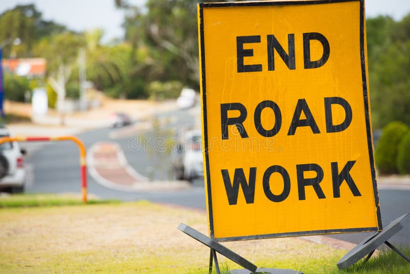 Caution Sign, End Road Work Stock Image - Image of ahead, work: 61082591