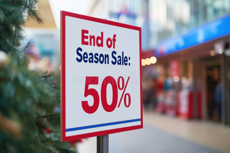"End of Season Sale 50 " Text on Display Board in Front of Store Ai ...