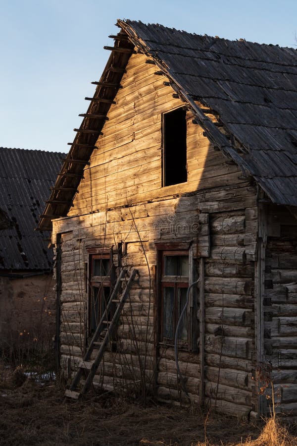 The End Wall of an Old House with Ladders Stock Image - Image of sunlit ...