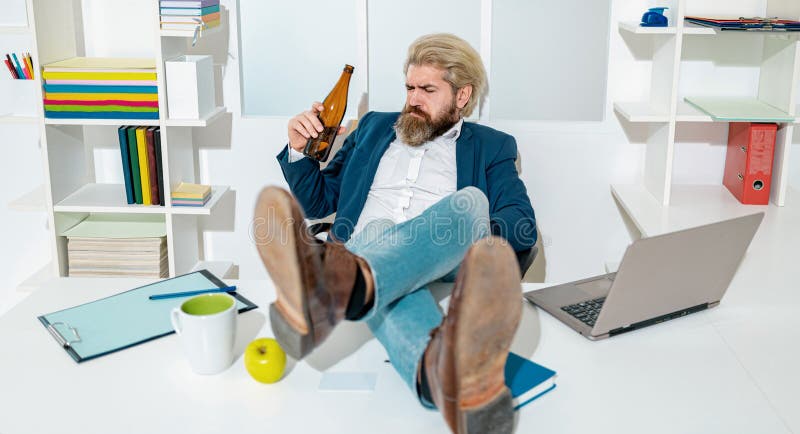 End of the Working Day. Drunk Businessman Holding a Bottle of Alcohol ...