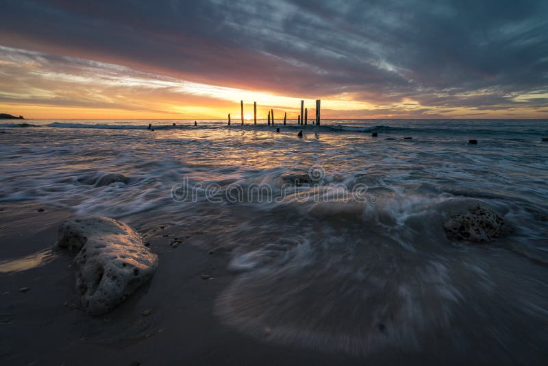 Sunset Over the Old Jetty, Port Willunga, South Australia Stock Photo ...