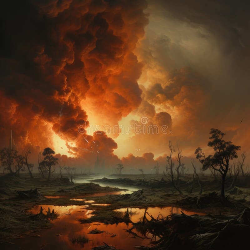 End of World, Landscape with Smoke and Clouds Stock Illustration ...
