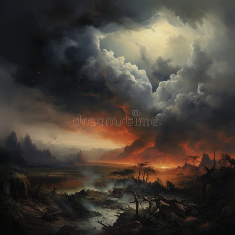 End of World, Landscape with Smoke and Clouds Stock Illustration ...