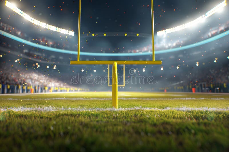 End Zone View of a Football Field Stadium Under the Lights with a ...