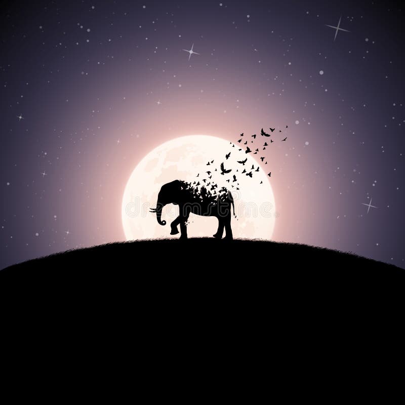 Elephant on Moonlight Night Stock Vector - Illustration of alone ...