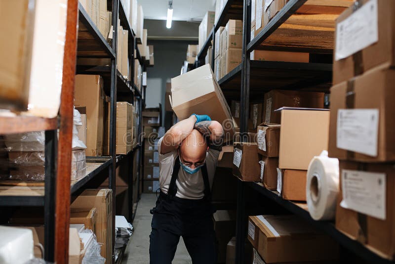 Childish Warehouse Workers, Man Pushing Cart With Woman Inside And ...