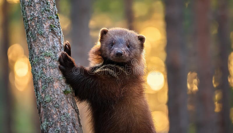 Endangered Wolverine Gulo Gulo Scaling Tree in a SnowCovered Forest at ...