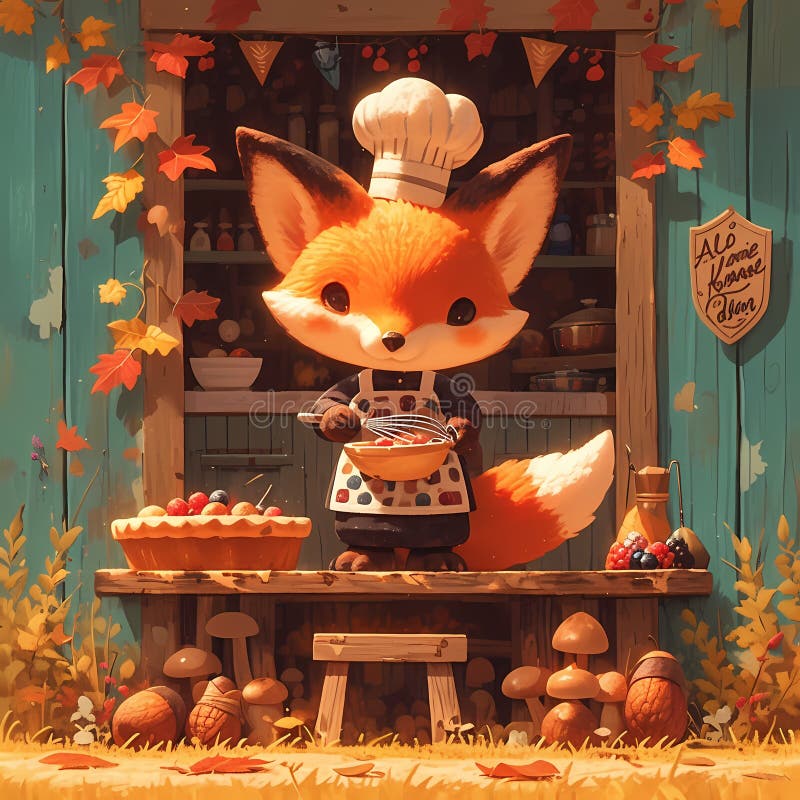 Endearing Fox Chef Cuts Charm in Kitchen Scene Stock Illustration ...