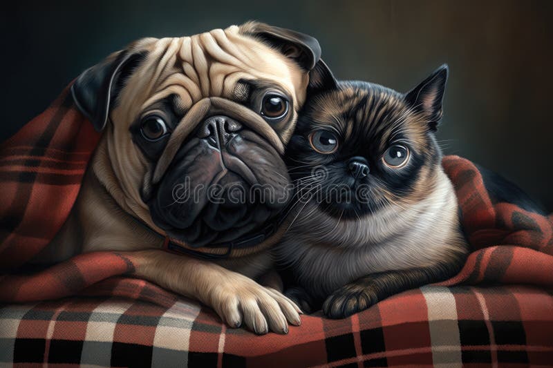 An Endearing Pug and a Lovely Kitty Cuddled Together on a Checkered ...
