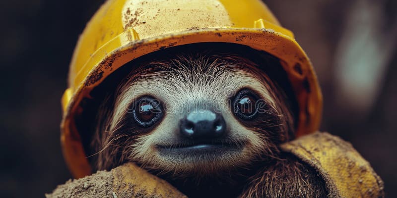 Endearing Sloth in Hard Hat, Amidst Muddy Construction Site Stock Image ...